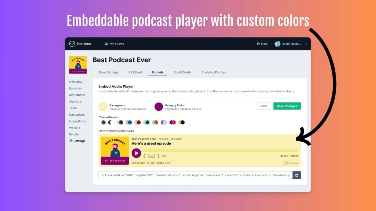Embeddable podcast player with custom colors