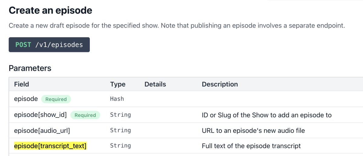 Add transcripts to an episode via the API